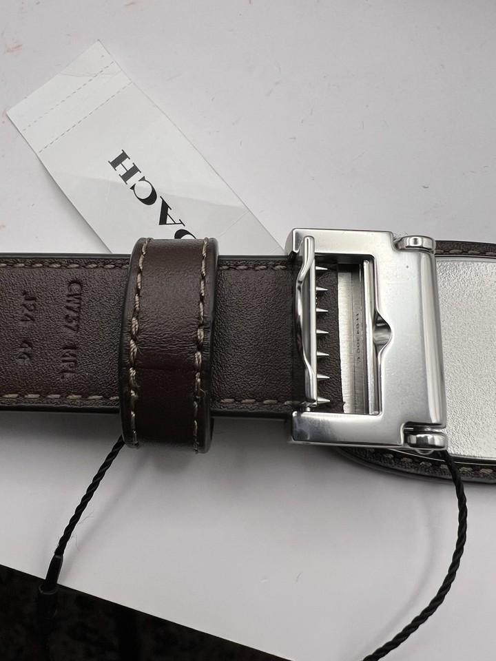 NWT Coach Brown Leather Belt Eliza Logo Plaque Buckle One Size Cut To ...