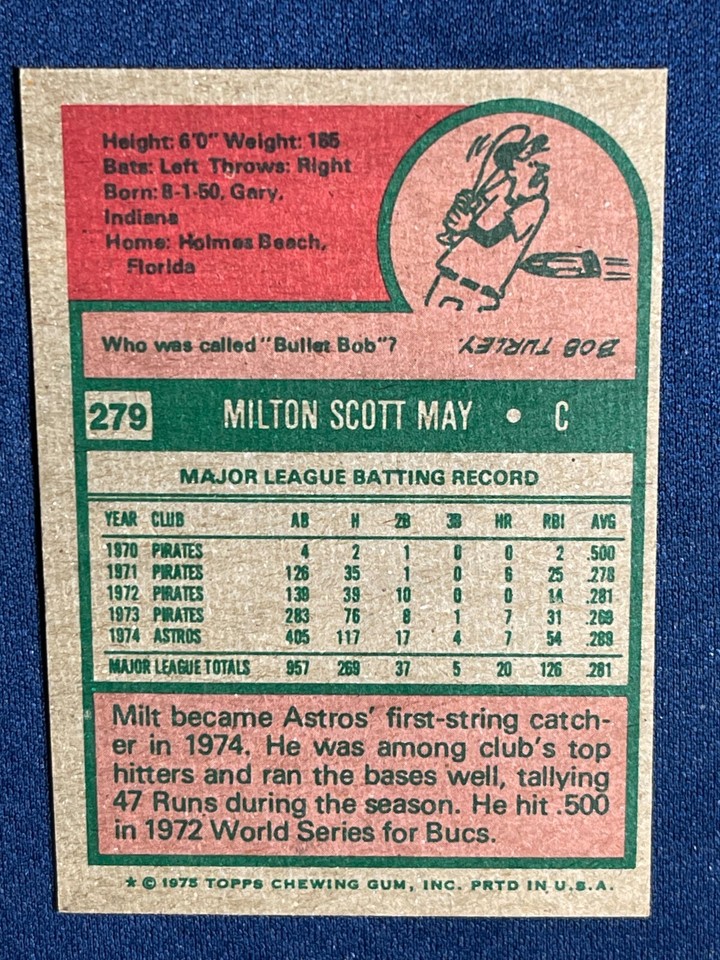 1975 TOPPS #279 MILT MAY (HOUSTON ASTROS) BASEBALL CARD | eBay