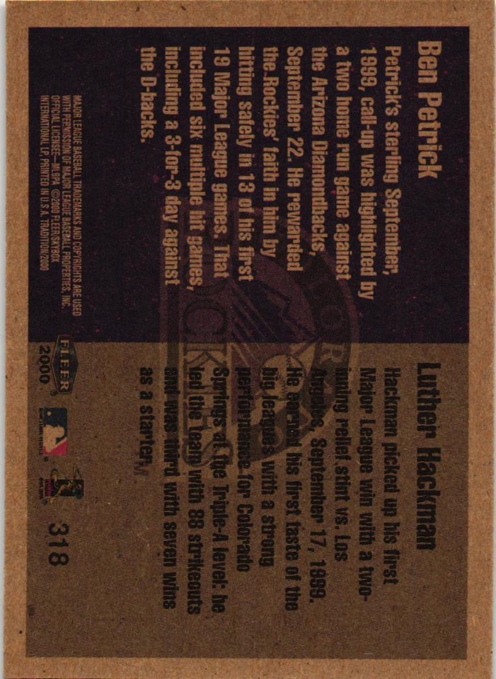 2000 Fleer Tradition 318 Ben Petrick / Luther Hackman TP, RC Colorado ...