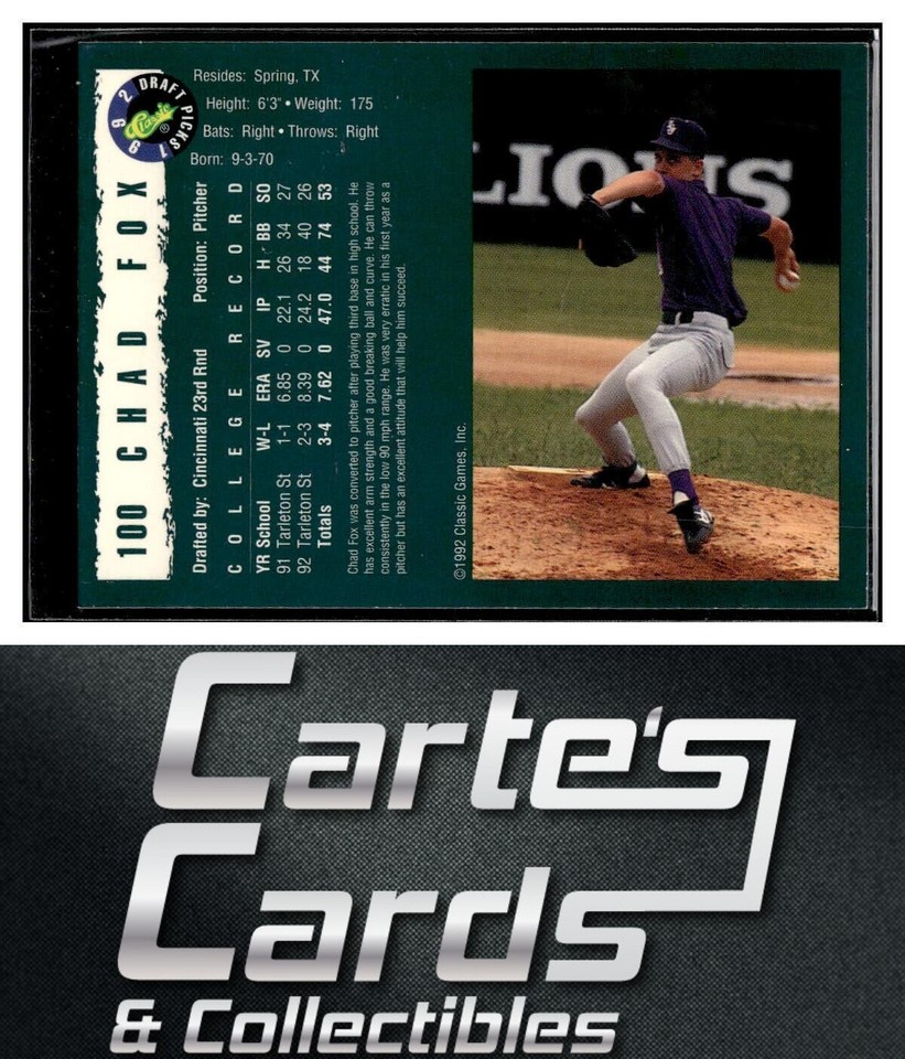 Chad Fox 1992 Classic Draft Picks #100 Cincinnati Reds TTM/IP Signed ...