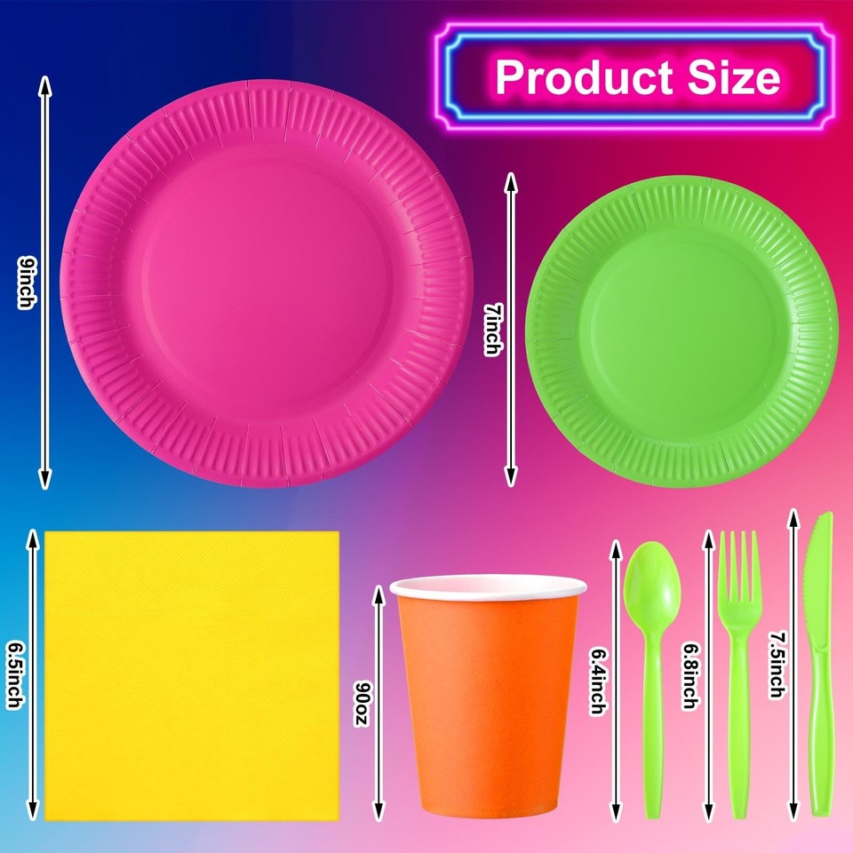350pc Tioncy Neon Party Set: Plates, Cups, Napkins, Cutlery - Fiesta ...