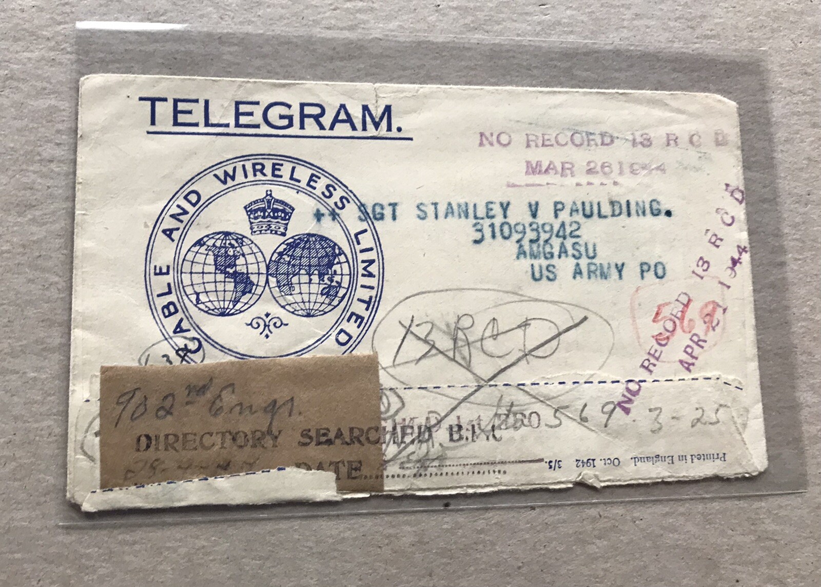 US 1944 WWII Telegram +Via Imperial Airlines Cachet +Multi-APO Chops ...
