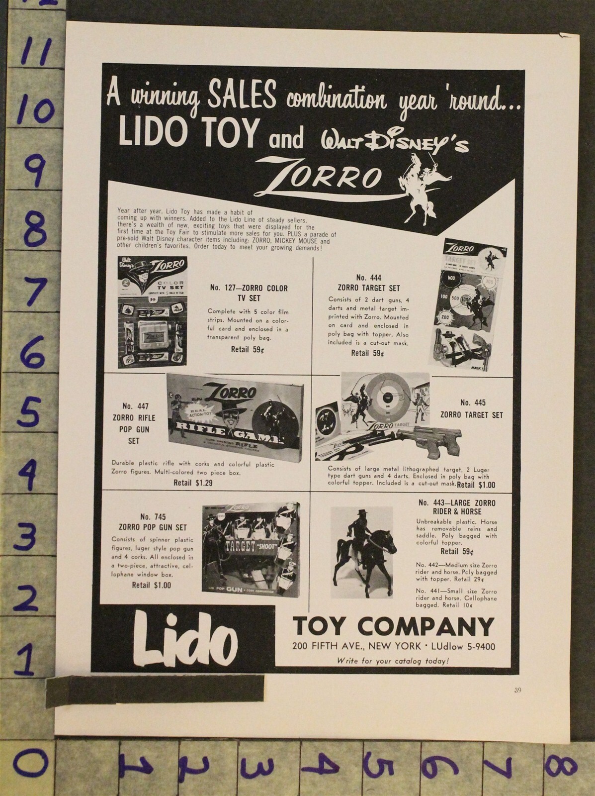 1958 TOY AD WALT DISNEY ZORRO WESTERN RIFLE HORSE POP GUN TARGET LIDO ...