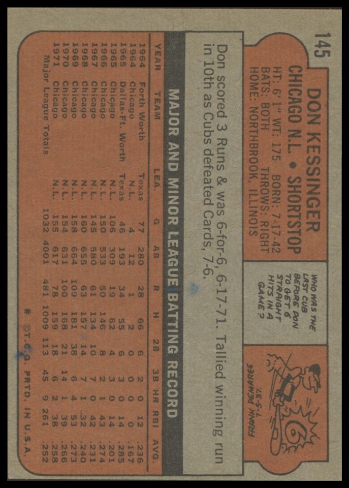 1972 Topps - Don Kessinger - #145 - Chicago Cubs - VG VG+ | eBay