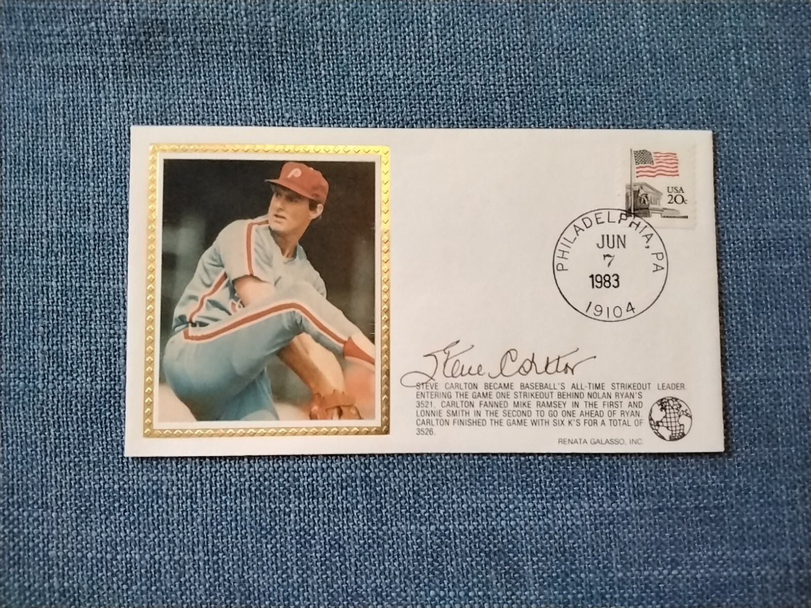 STEVE CARLTON AUTOGRAPHED POSTAL ENVELOPE WITH CERT OF AUTHENTICITY ...