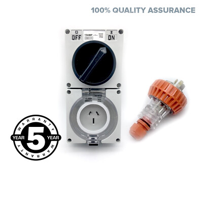 15A AMP Switched Socket Outlet with 3 Pin Male Plug Industrial IP66 ...