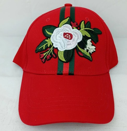 Embroidered Rose Strapback Cap Fashion Hat Adjustable Red Curved Bib ...