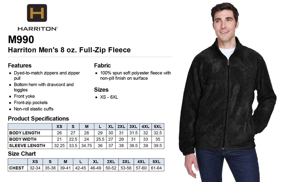 Harriton Jacket Men's 8 oz Full-Zip Fleece Solid BIG SIZES 2X-6XL B ...