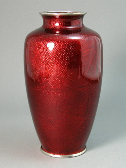 Japanese Akasuke Ginbari-Jippo Cloisonne Rose Vase Red Enamel over ...