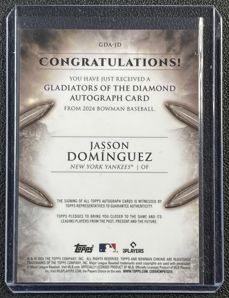 JASSON DOMINGUEZ 2024 BOWMAN GLADIATORS OF DIAMOND GOLD REFRACTOR AUTO ...