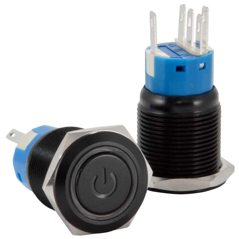 19mm 12V Latching Push Button Power Switch Black Metal Blue LED ...