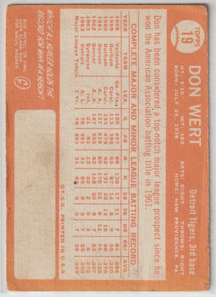 1964 Topps - DON WERT - #19 - Detroit Tigers *CREASE | eBay