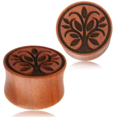 PAIR SAVO WOOD PLUGS ENGRAVED TREE OF LIFE PLUG GAUGES TUNNELS WOODEN ...