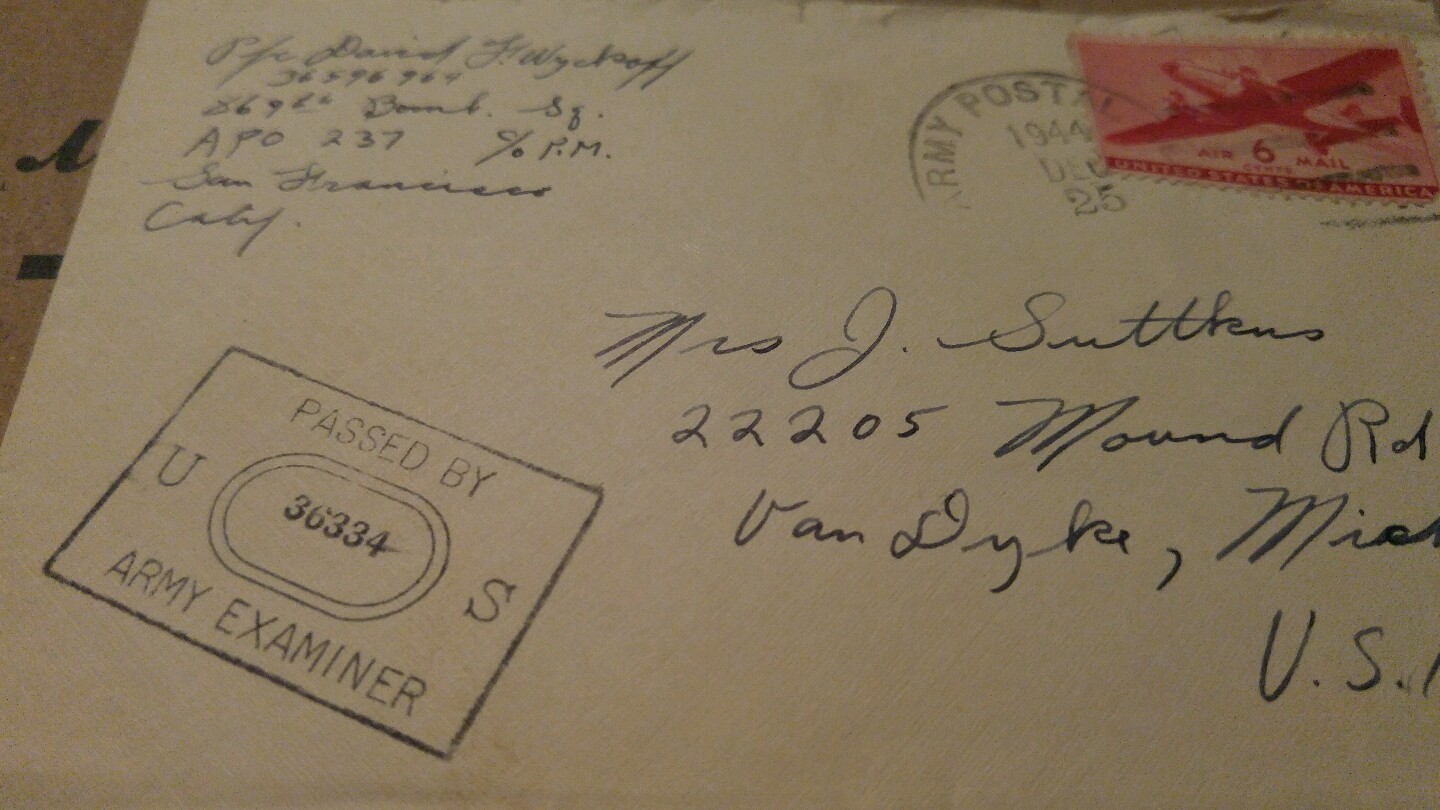 000 Postal Hand stamp Passed By US Army Examiner 1944 Air Mail 6 Cent ...