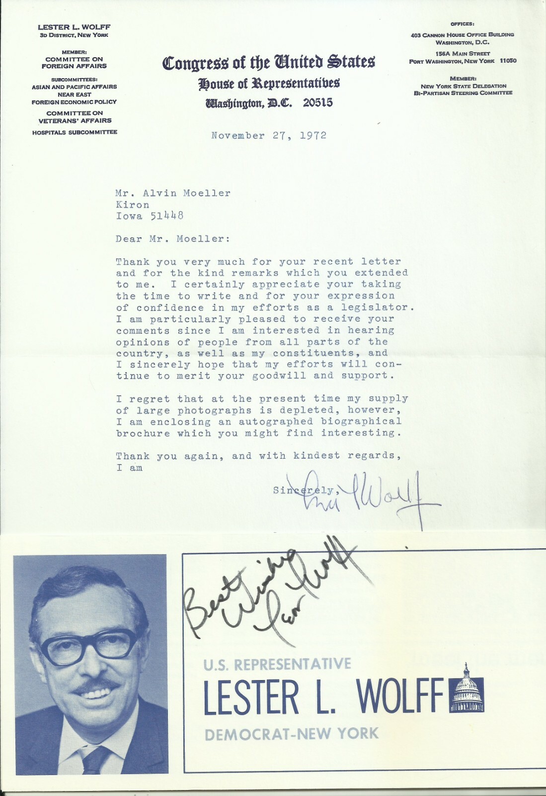 Lester L. Wolff U.S. Representative Original Autograph Signed Letter ...