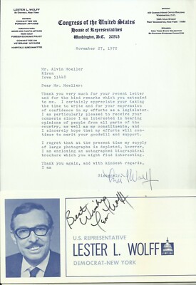 Lester L. Wolff U.S. Representative Original Autograph Signed Letter ...