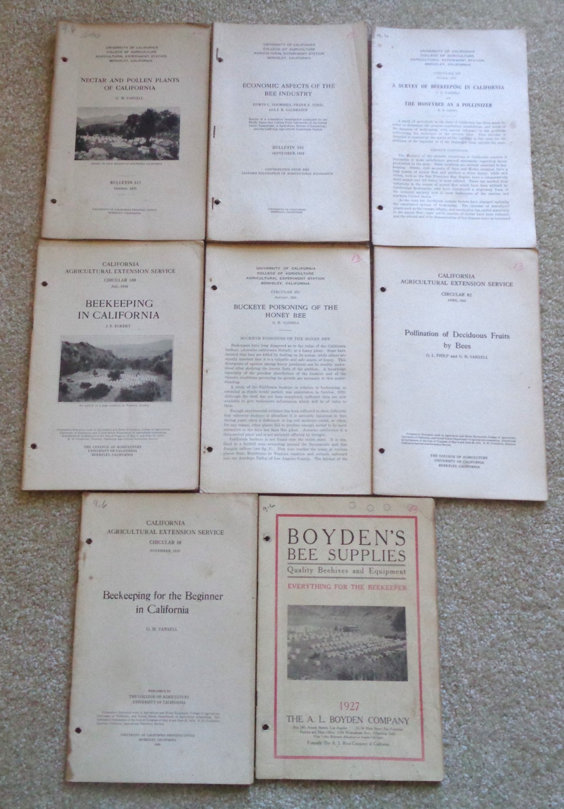 Lot of 8 University California Bulletins, Pamphlets on Honeybees, 1925 ...
