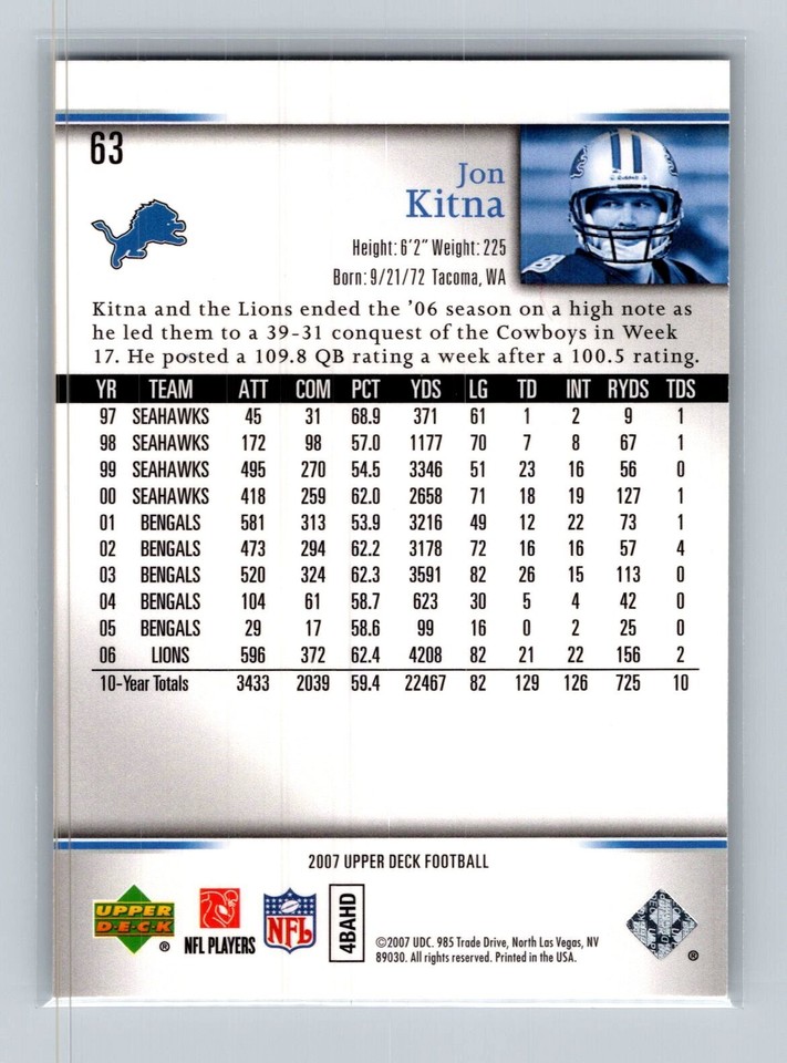 2007 Upper Deck #63 Jon Kitna Detroit Lions Football Card | eBay