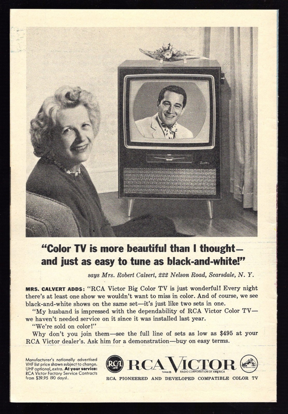 1957 RCA VICTOR COLOR TV AD~PERRY COMO~MRS. ROBERT CALVERT SCARSDALE,NY ...