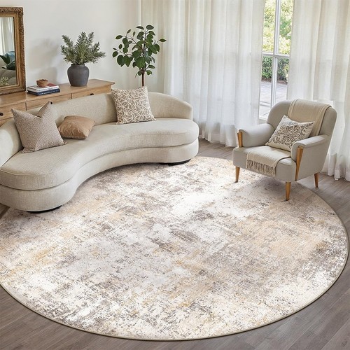 8x8 Washable Round Rug Beige Grey Abstract Living Room Bedroom Area Rug ...