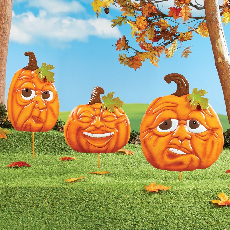 Hand-Painted Expressive Pumpkins Yard Stakes - Set of 3 | eBay