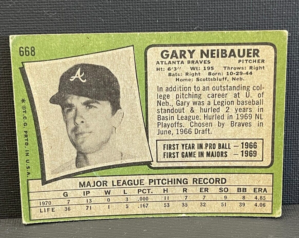 1971 TOPPS # 668 GARY NEIBAUER BRAVES | eBay