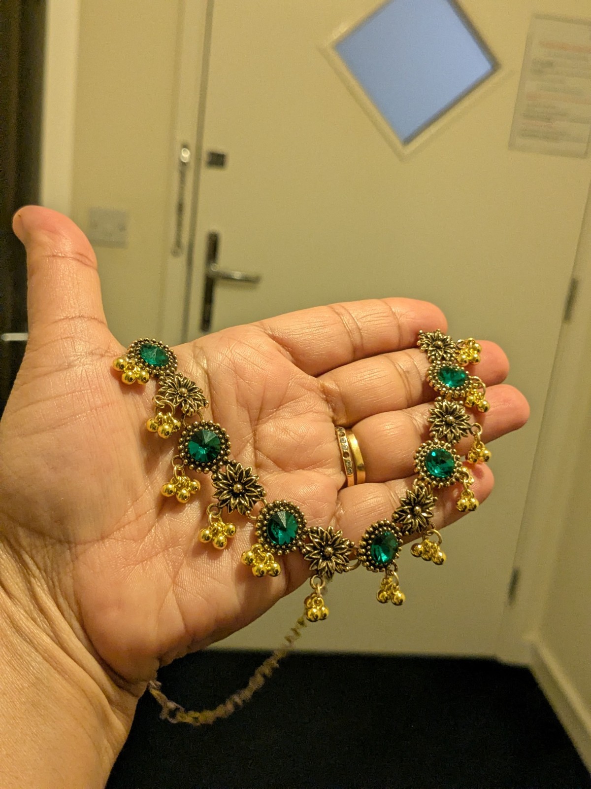 Gold Tone Metal Cable Chain Necklace Green Oval Bezel Stones Floral ...