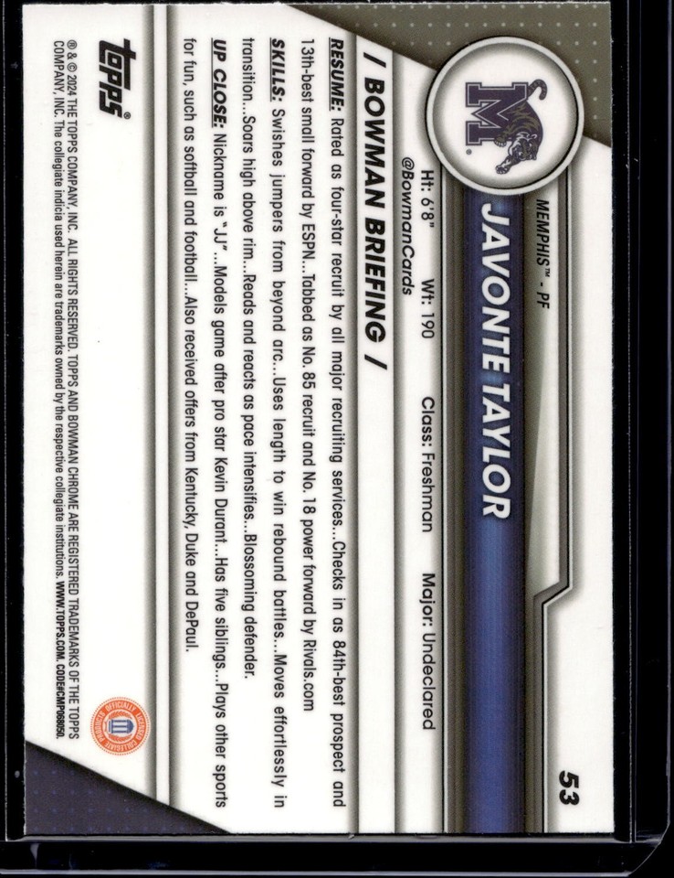 2023-24 Bowman University Chrome Sapphire #53 Javonte Taylor Memphis | eBay
