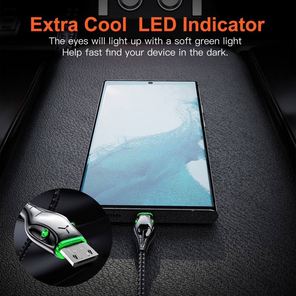 Heavy Duty Micro USB Fast Charger Cable 3A Braided Long LED Lead 0.25M ...