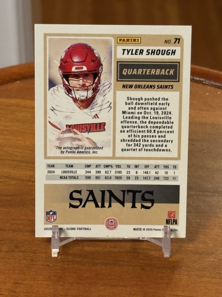 2025 Score Football Tyler Shough 17/50 Gold Zone Rookie Auto RC Saints ...