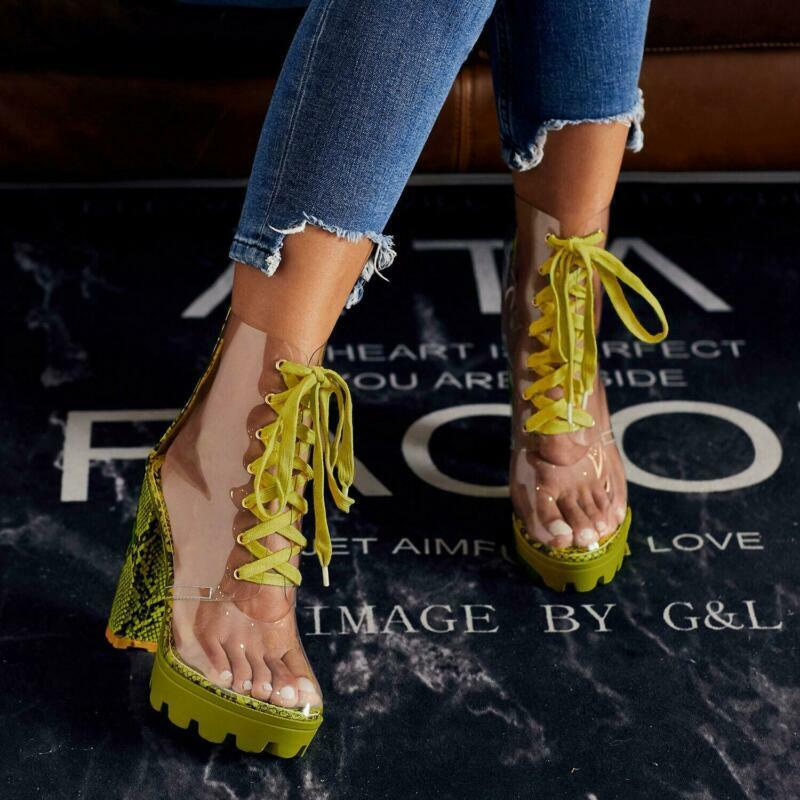 PVC Sandals Women Shoe Round Toe Platform High Heels Ankle Boots Lace ...