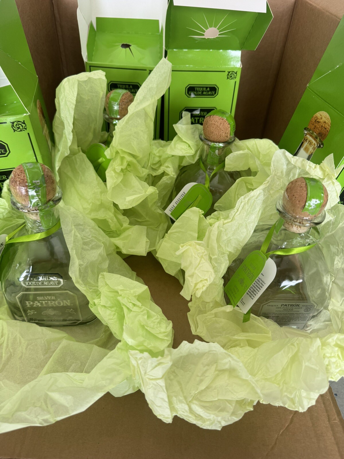 4 PATRON SILVER 750 ml EMPTY BOTTLES W/ CORKS, Boxes, Wrap Paper And ...