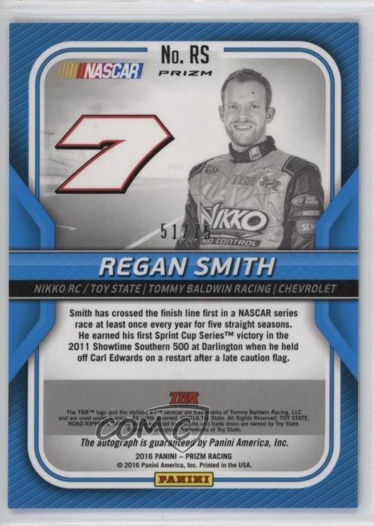 2016 Panini Prizm NASCAR Driver Signatures Blue Flag /75 Regan Smith # ...