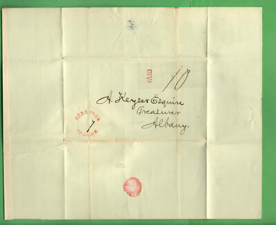 c. 1836 STAMPLESS COVER SARATOGA SPRINGS NY TO ALBANY RED POSTMARK 10 ...