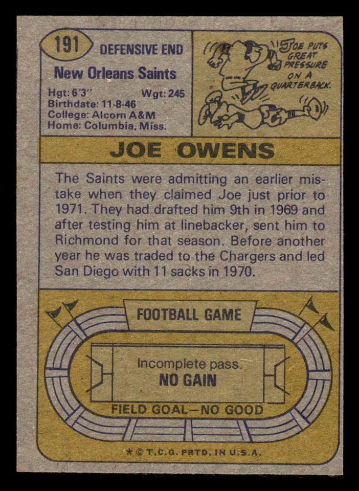 1974 Topps RC #191 Joe Owens Rookie | eBay