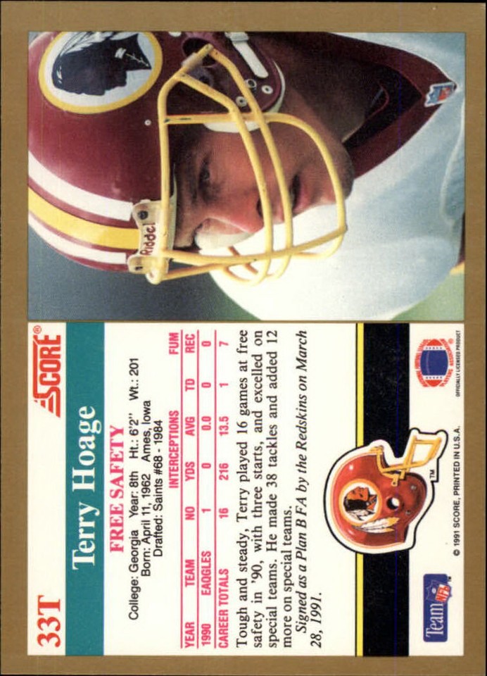 1991 Score Supplemental Football Card #33T Terry Hoage UER | eBay