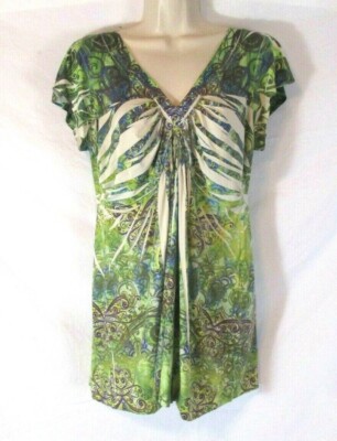 Unity World Wear Embellished Shirt Brown Geometric Sz M Short Sleeve ...