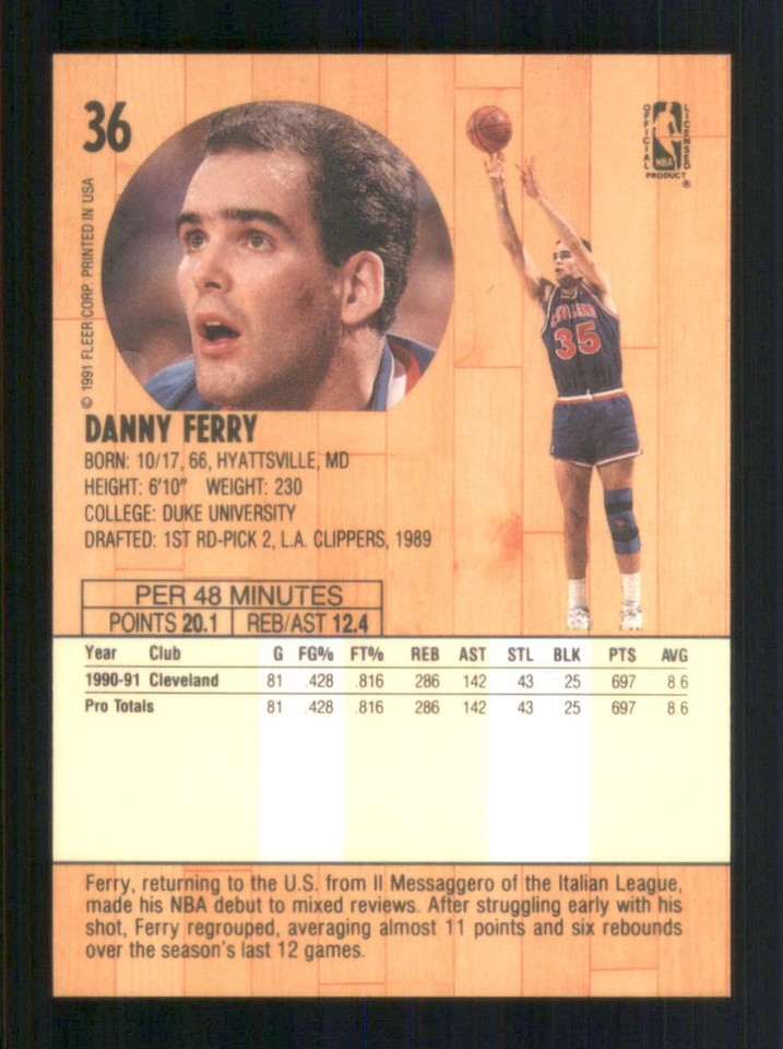 1991-92 Fleer #36 Danny Ferry Cleveland Cavaliers 43565 | eBay