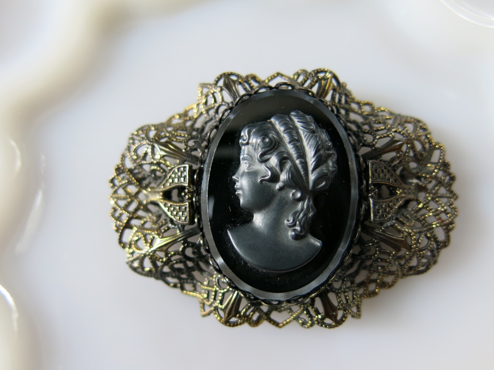 Vintage Black Cameo Glass Big Bold Metal Lace Filigr… - Gem