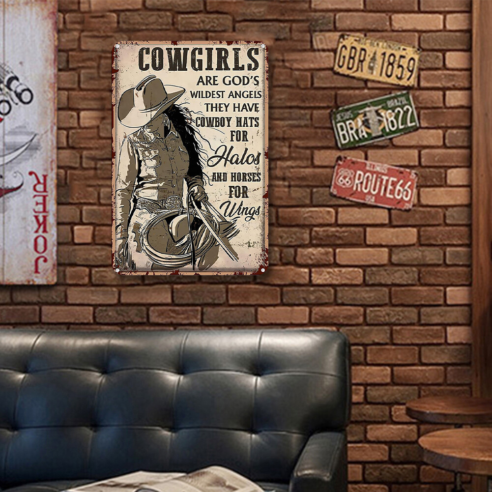 Vintage Metal Plate Cowboy Girl Rectangular Iron Painting Wall Art ...