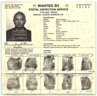 1992 FBI WANTED POSTER MANUEL JOSEPH MORENO SR MAIL AND WIRE FRAUD ...