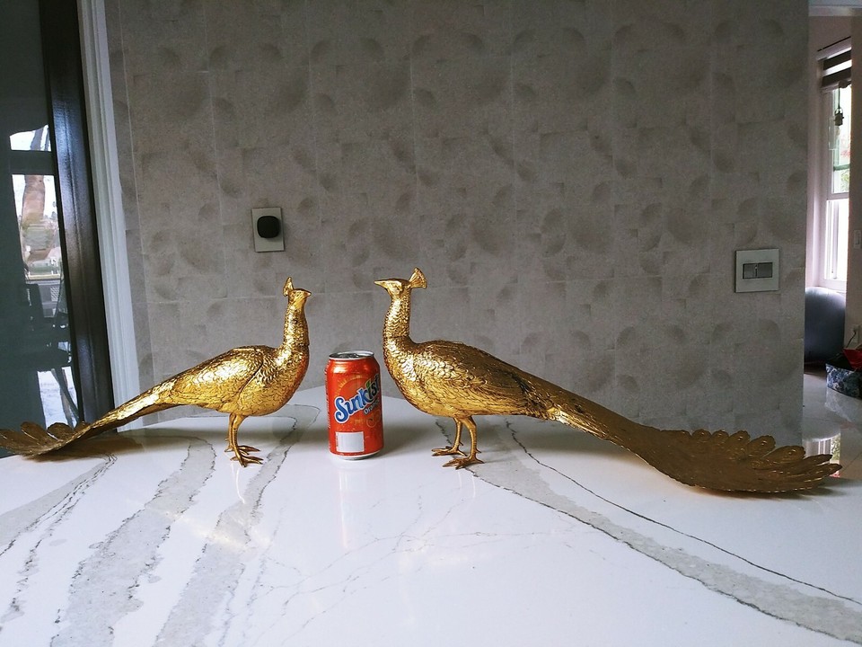 PAIR OF MASSIVE ANTIQUE GILDED ANTIQUE STERLING SILVER PEACOCK BIRDS ...