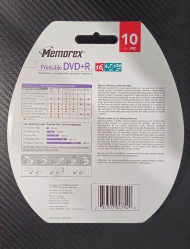 Memorex Printable DVD+R 10 Pack (4.7GB) BRAND NEW AND SEALED + Bonus ...