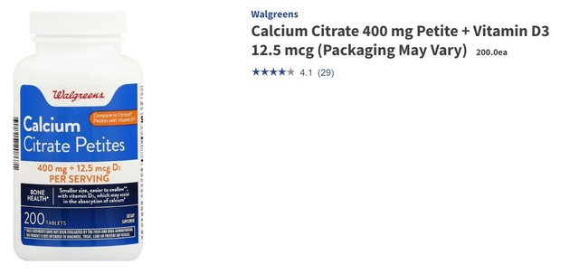 Walgreens Calcium Citrate 400mg 12.5mcg D3 per serving 200 tablets for ...