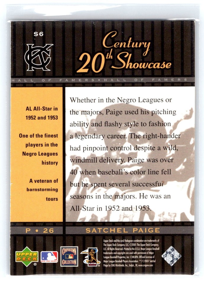 Satchel Paige 2001 Upper Deck Hall of Famers #S6 20th Century Showcase ...