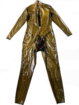Transparent Black latex gummi catsuit codpiece hidden two sheath back ...