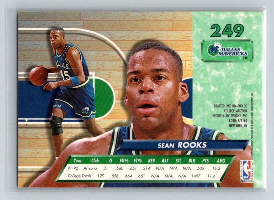 1992-93 Ultra Rookie RC #249 Sean Rooks Dallas Mavericks Basketball ...