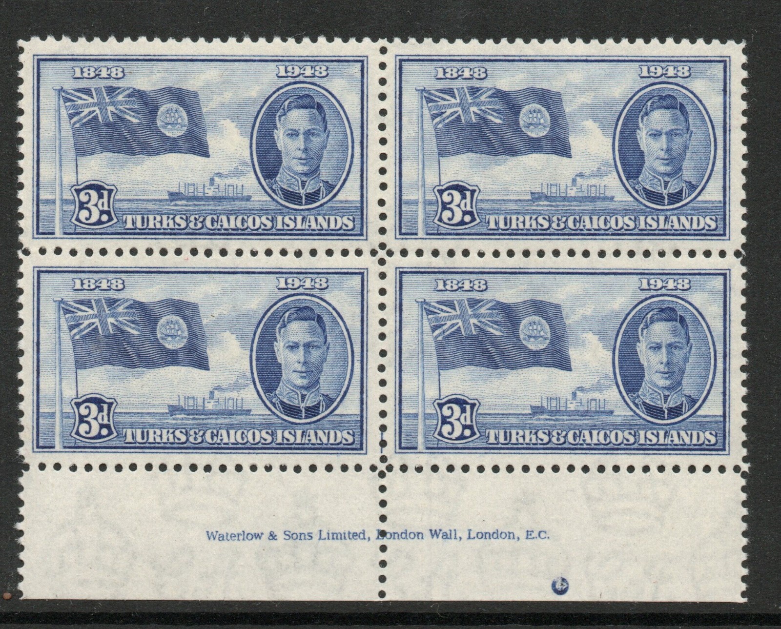 Turks & Caicos 1948 Centenary 3d Blue in Imprint block SG 212 Mnh ...