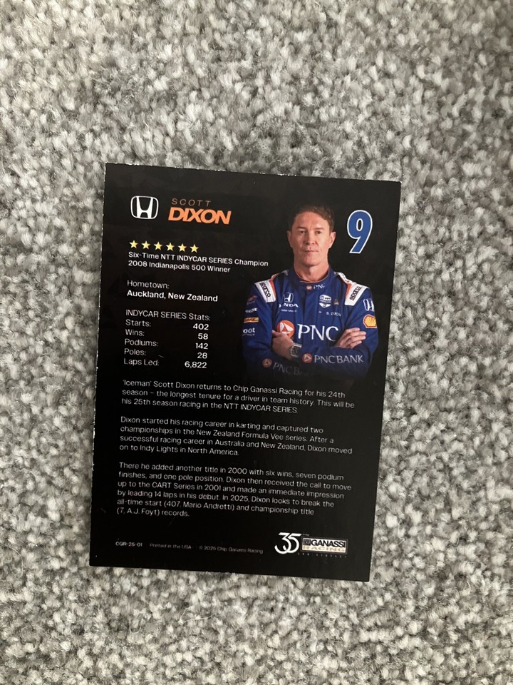Scott Dixon Official Ganassi 2025 Signed Team Hero Card Photo Indycar ...