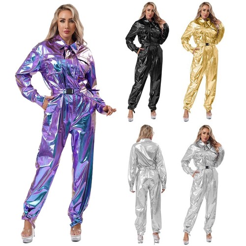 Women's Shiny Metallic Overalls Turn-down Collar Long Sleeves Jumpsuit ...